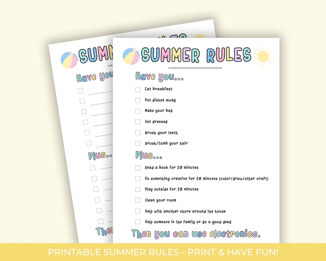 Summer Rules Printable, Earn Screen Time, Chore Chart Printable, Summer ...