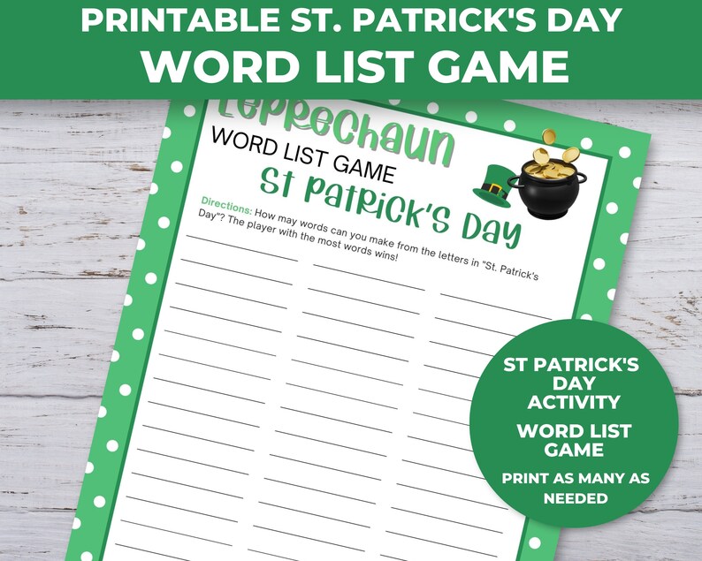 Printable St. Patrick's Day Word List Game for Kids and Adults - Etsy