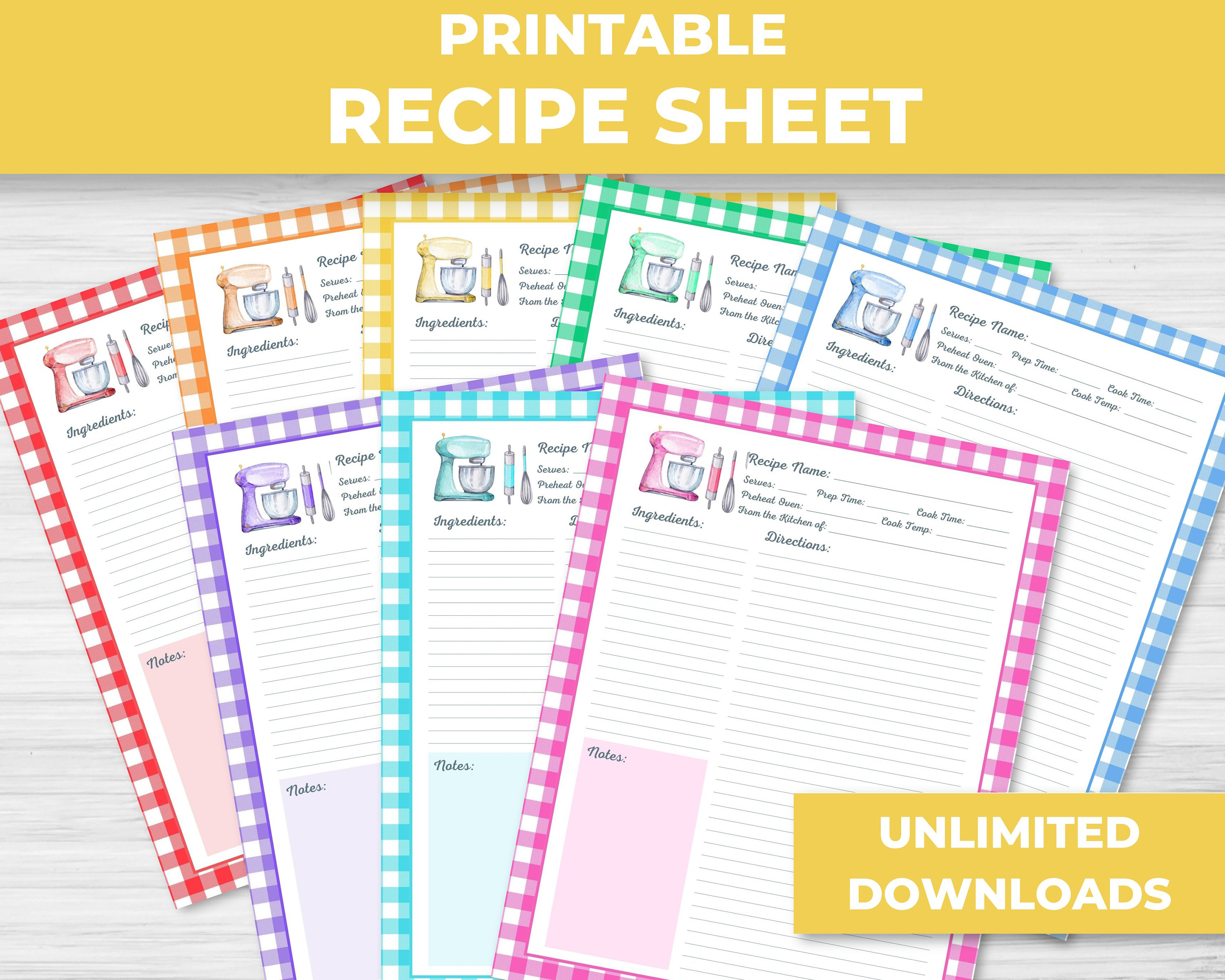 Printable Recipe Page, Printable Recipe Sheets, Gingham Pattern Rainbow ...