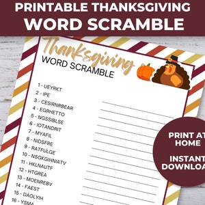 Thanksgiving Word Scramble Game for Kids, Printable Thanksgiving Games ...