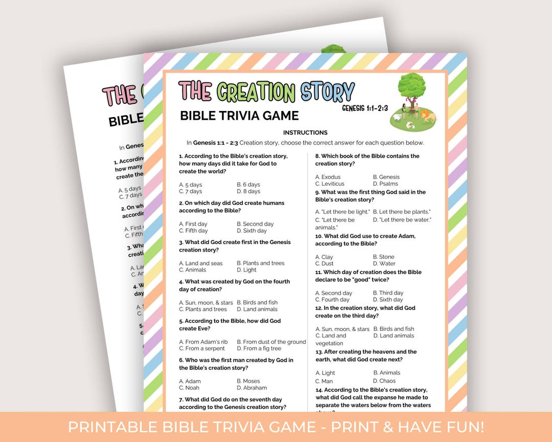 The Creation Story Bible Printable Trivia Game for Kids, Bible Story ...