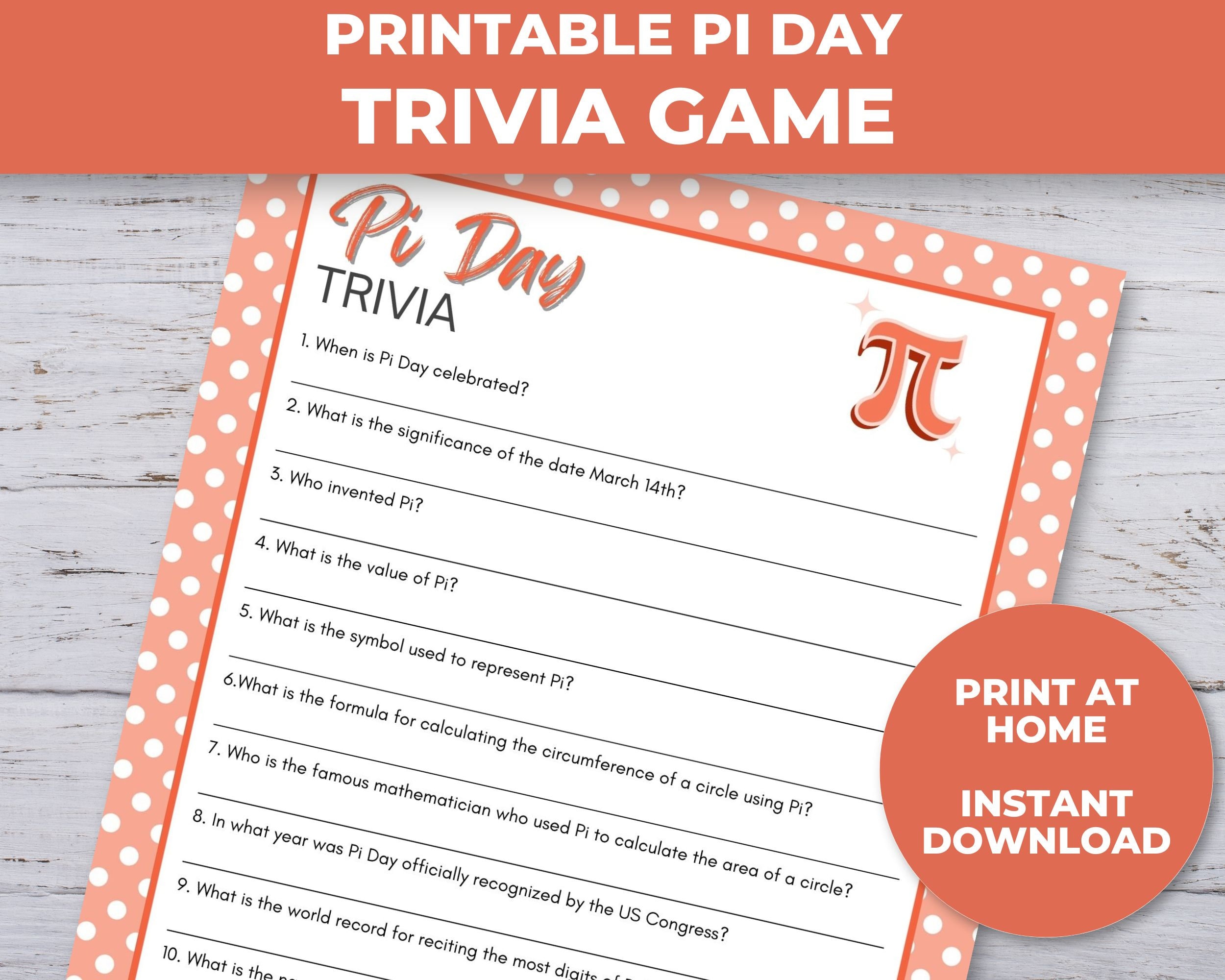 Pi Day Trivia, Pi Day Activities for Kids Printable, Pi Day Party, Kids ...
