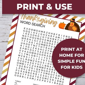Thanksgiving Word Search Printable Printable Games for Kids - Etsy