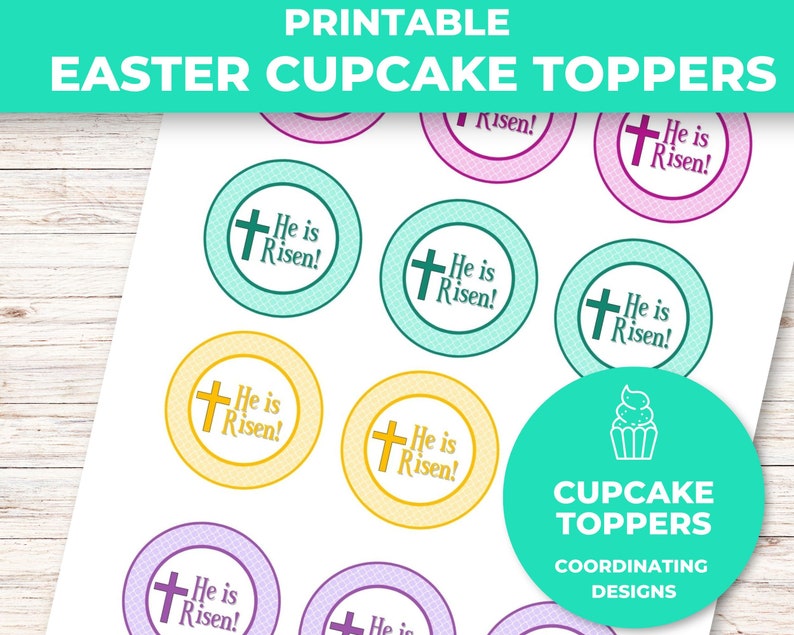 He is Risen Cupcake Toppers, Printable Cupcake Toppers, Easter Religious Printable, He is Risen ...