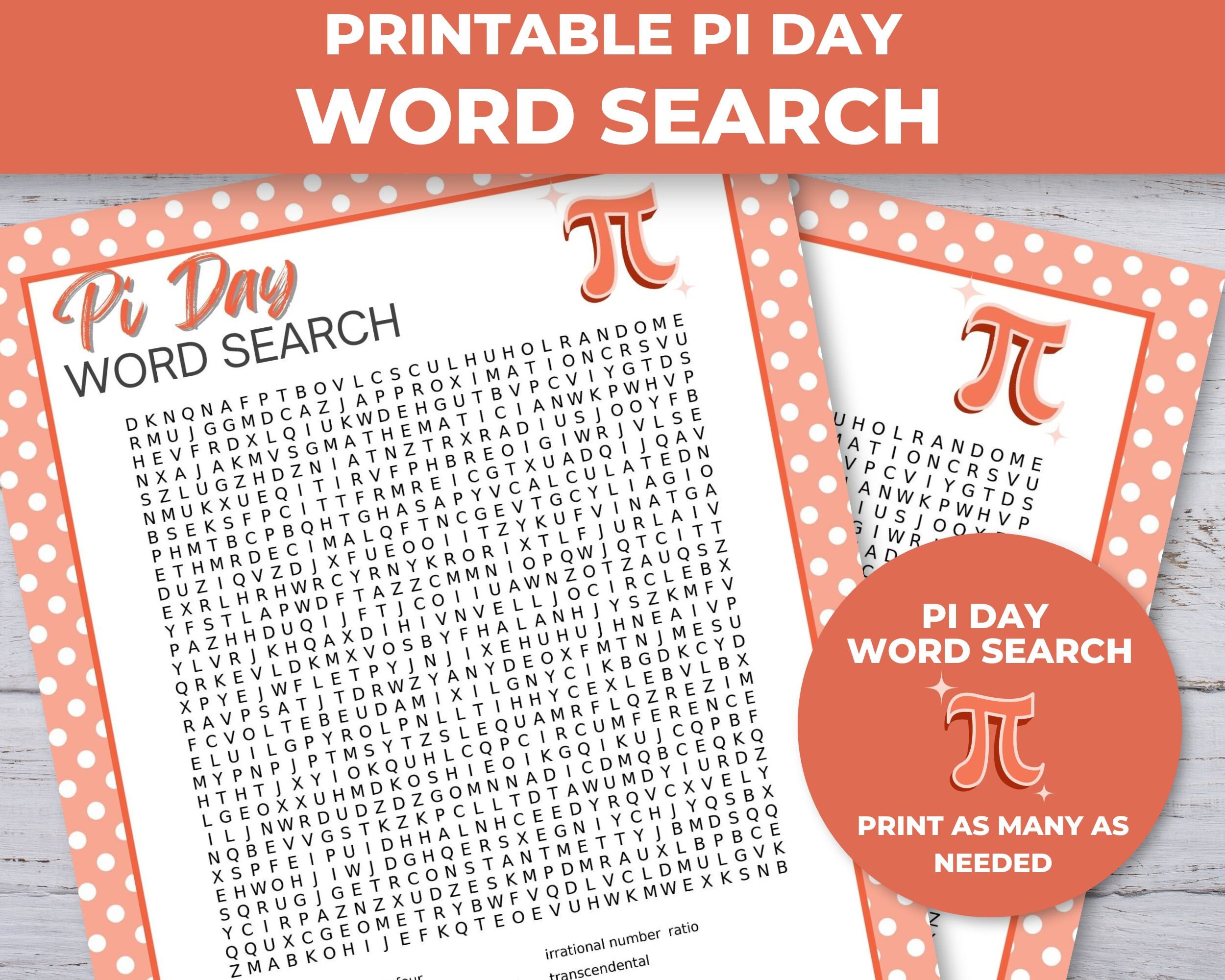 Pi Day Word Search Printable, Pi Day Activities for Kids Printable, Pi ...
