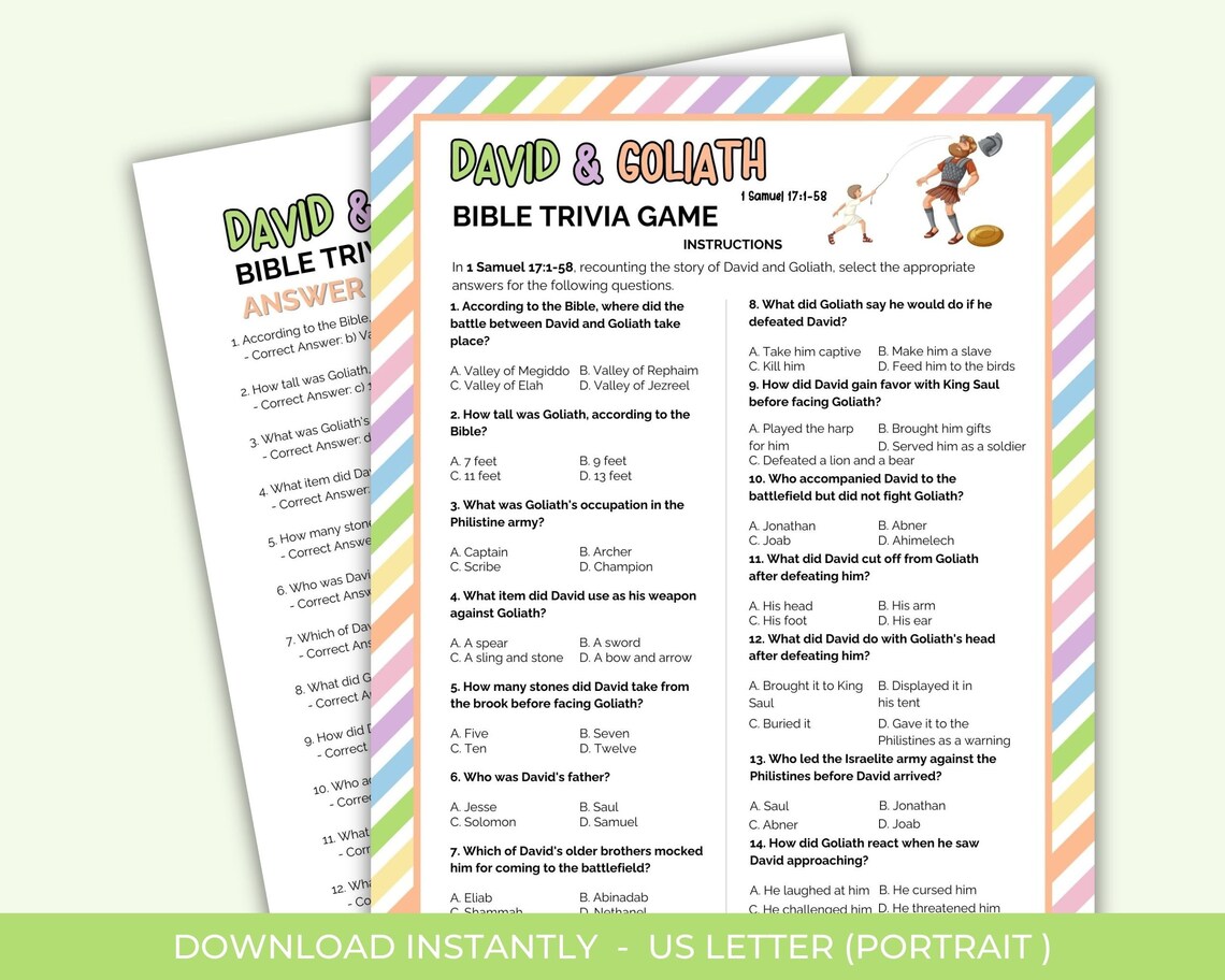 David and Goliath Bible Trivia for Kids, Printable Trivia Game, Bible ...