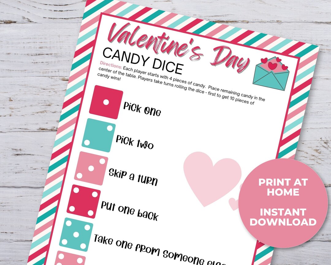 Printable Valentine Candy Dice Game, Valentine Activities for Kids and ...