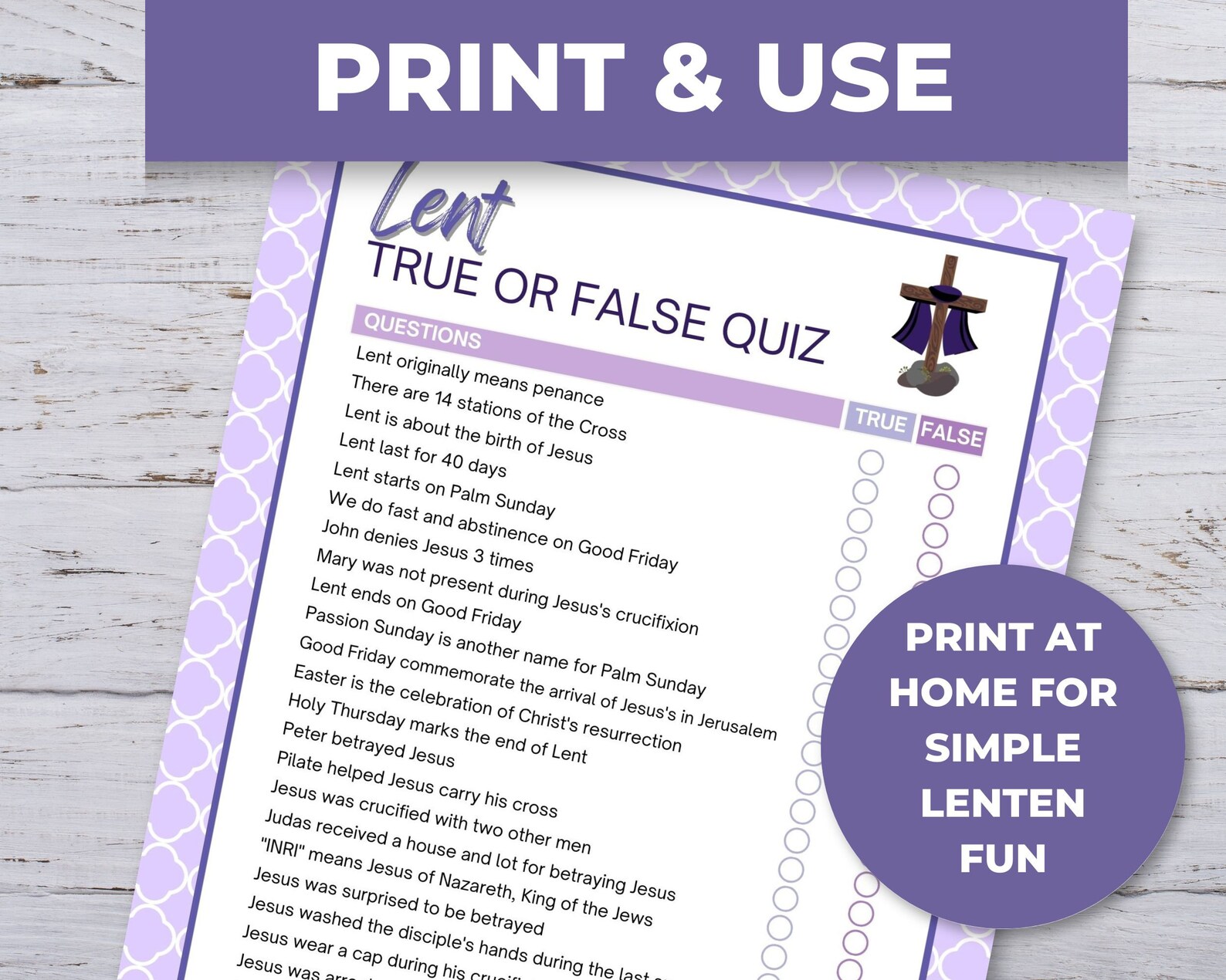 Lent Trivia Printable, Lenten True or False Trivia Game, Lent Printable ...