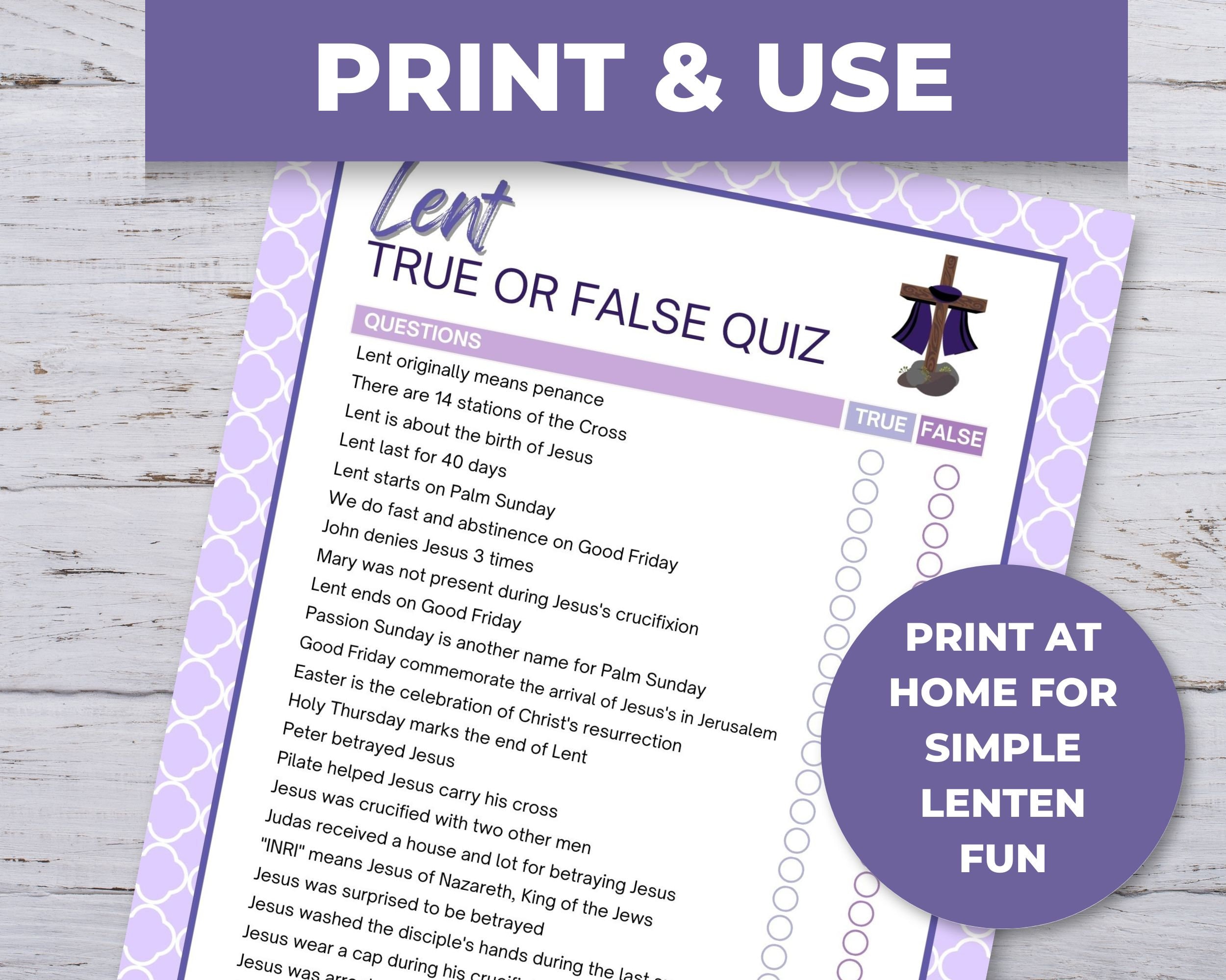 Lent Trivia Printable, Lenten True or False Trivia Game, Lent Printable ...