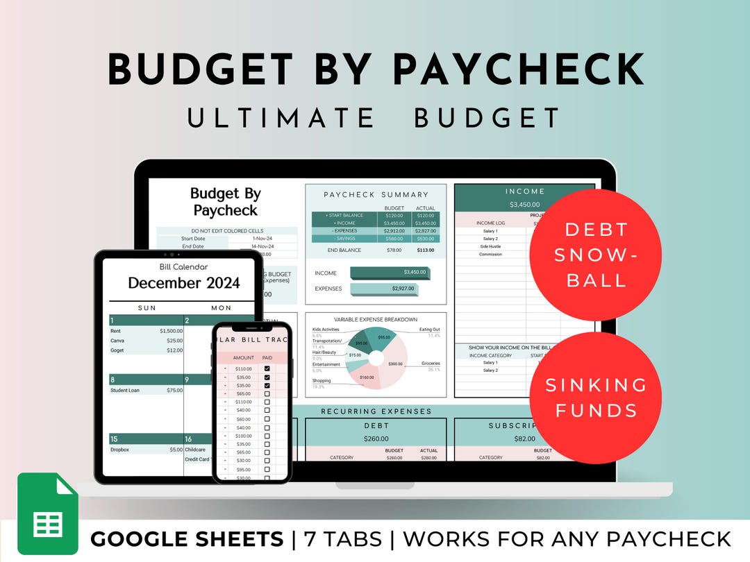 Paycheck Budget Google Sheets Spreadsheet Weekly Biweekly Fortnightly ...