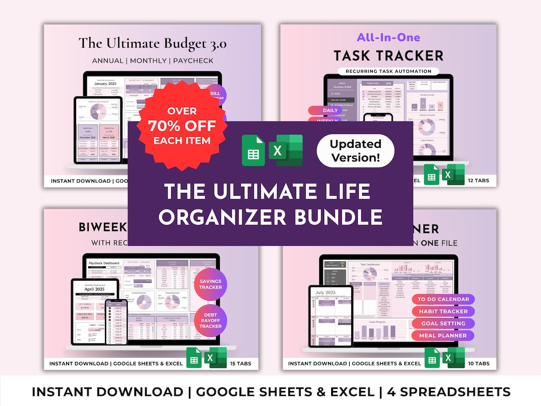 Life Organizer Budget Planner Task/to-do List Spreadsheet Bundle ...