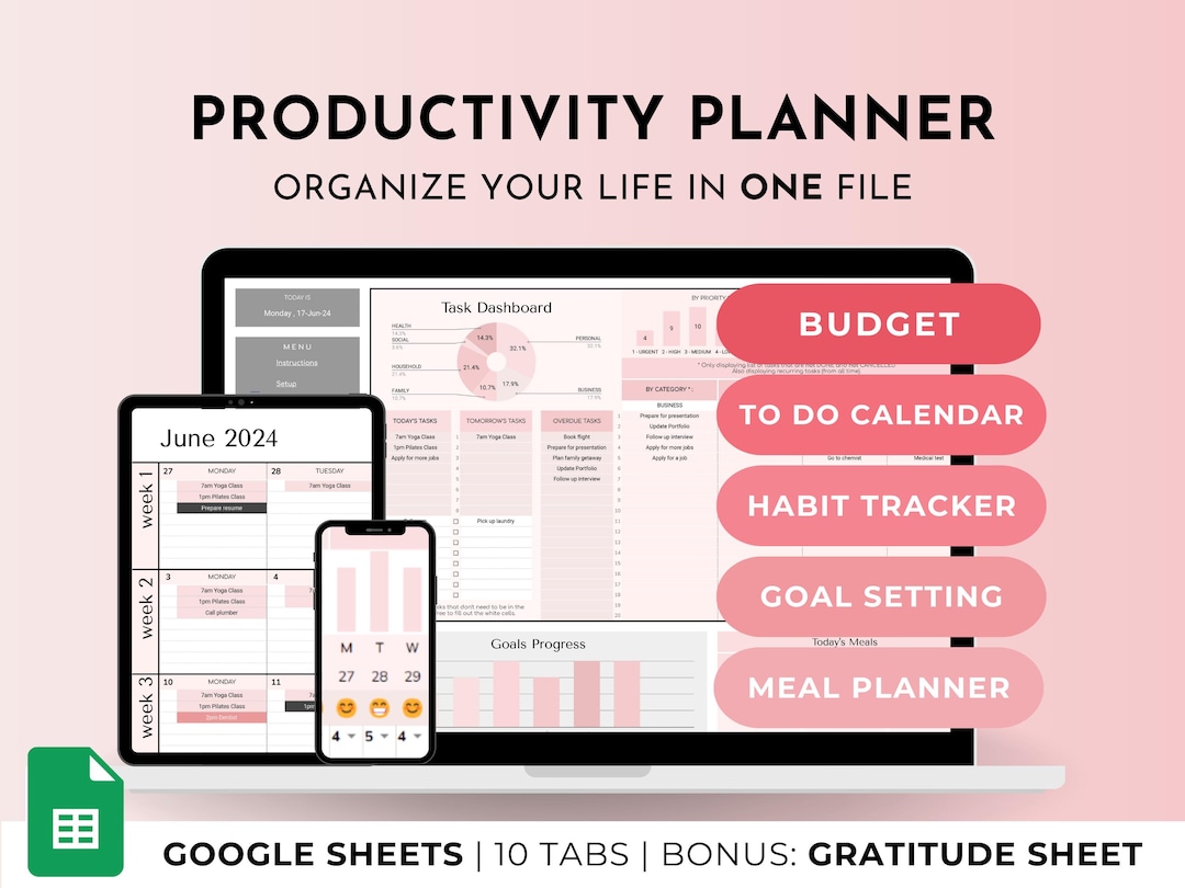 Productivity Planner: Google Sheets Life Organizer (digital Download ...