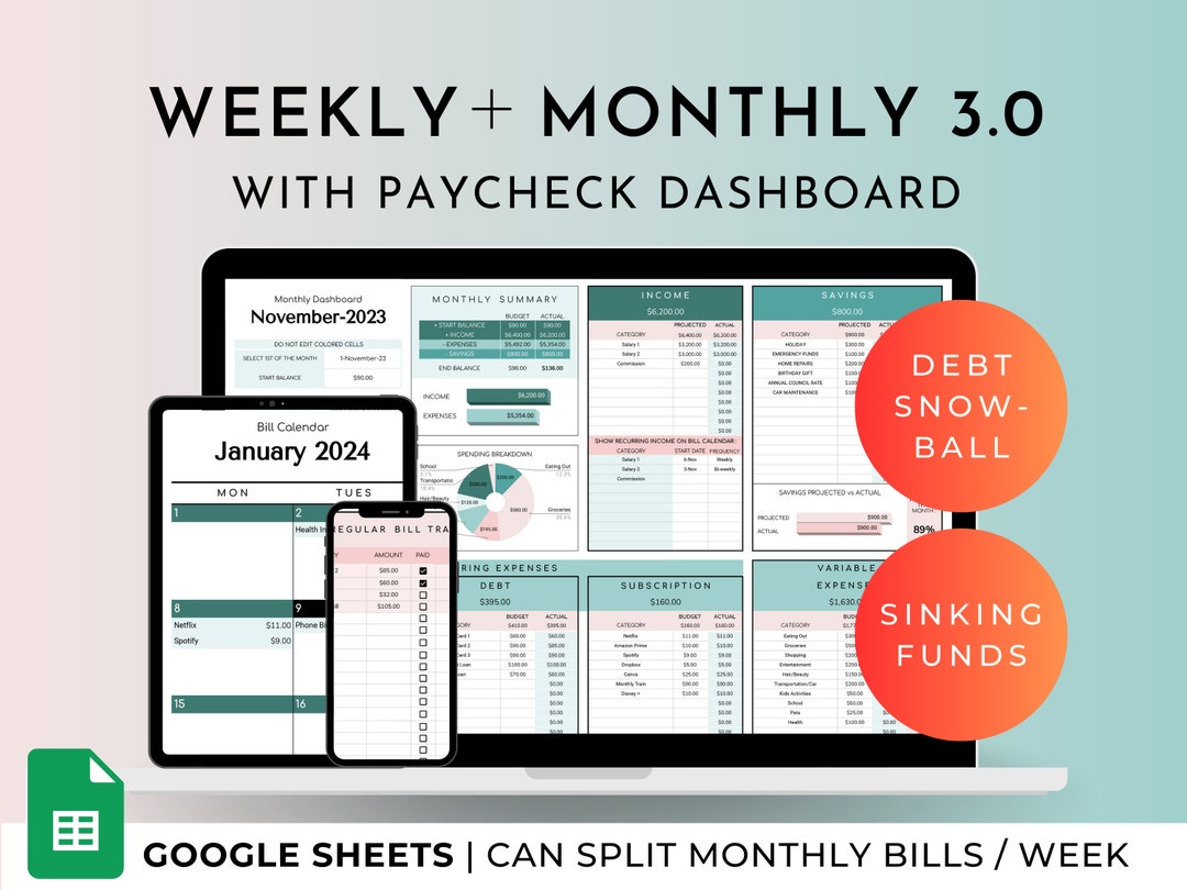 Weekly and Monthly Budget Spreadsheet Google Sheets, Bill Tracker ...