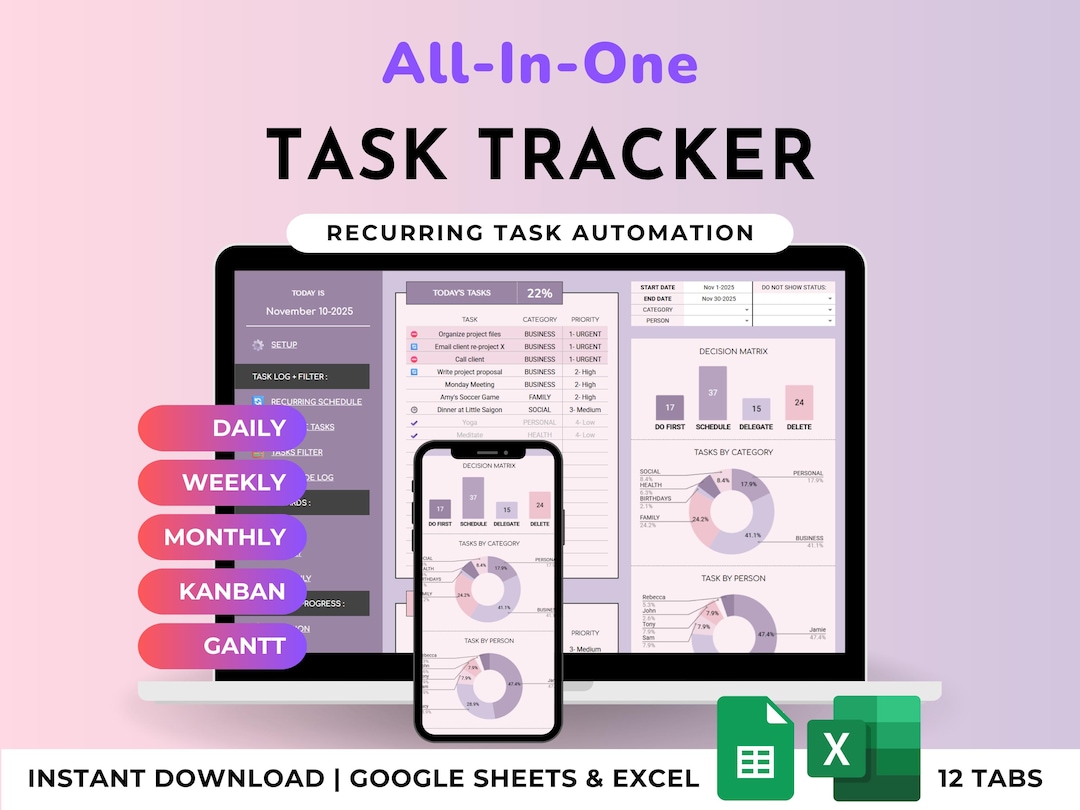 ADHD Task Tracker Daily Weekly Monthly Life Planner Spreadsheet ...