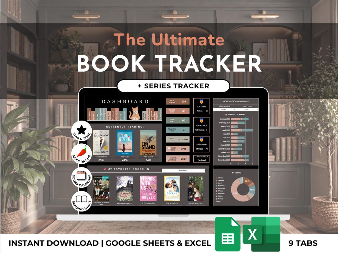 Book Tracker Digital Library Spreadsheet Reading Log List Book Review ...