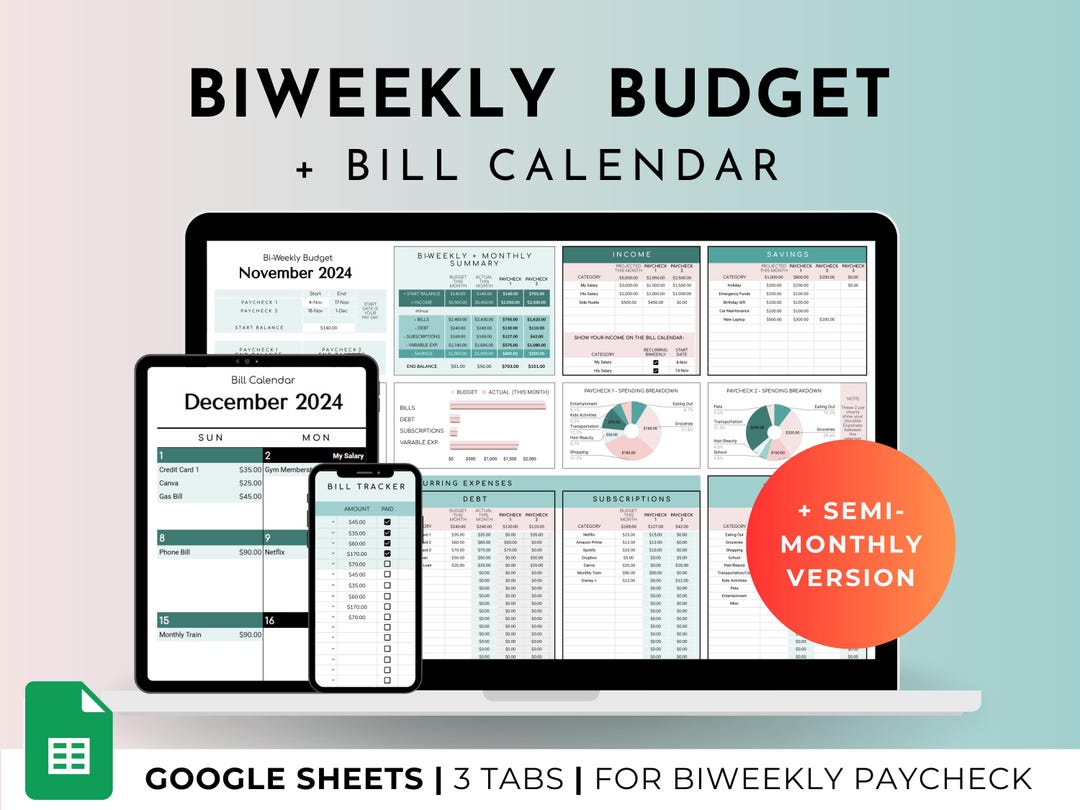 Biweekly Bimonthly Budget Planner Google Sheets Spreadsheet, Semi ...