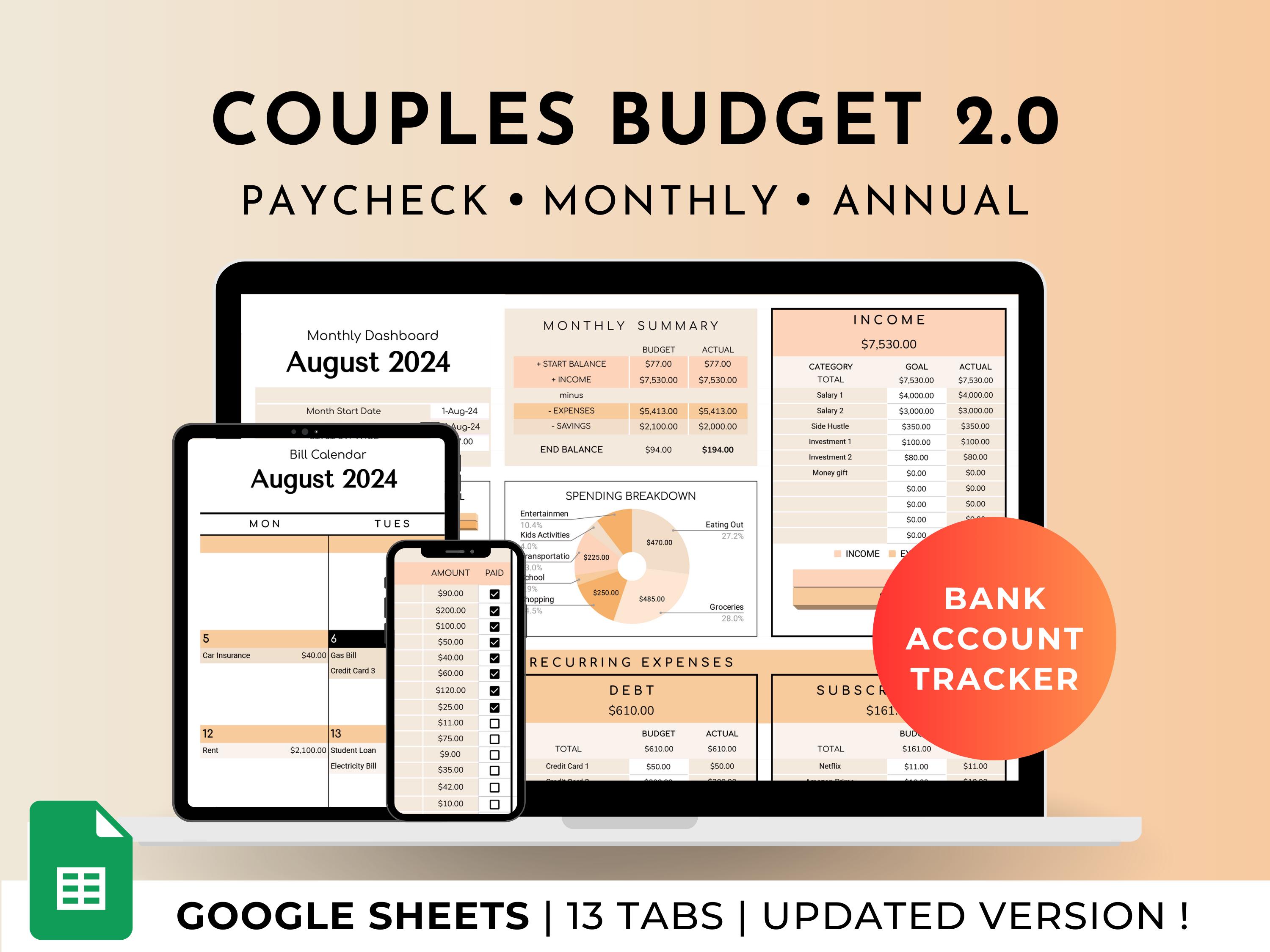 Couples Budget Spreadsheet: Monthly & Annual Planner (google Sheets) - Etsy