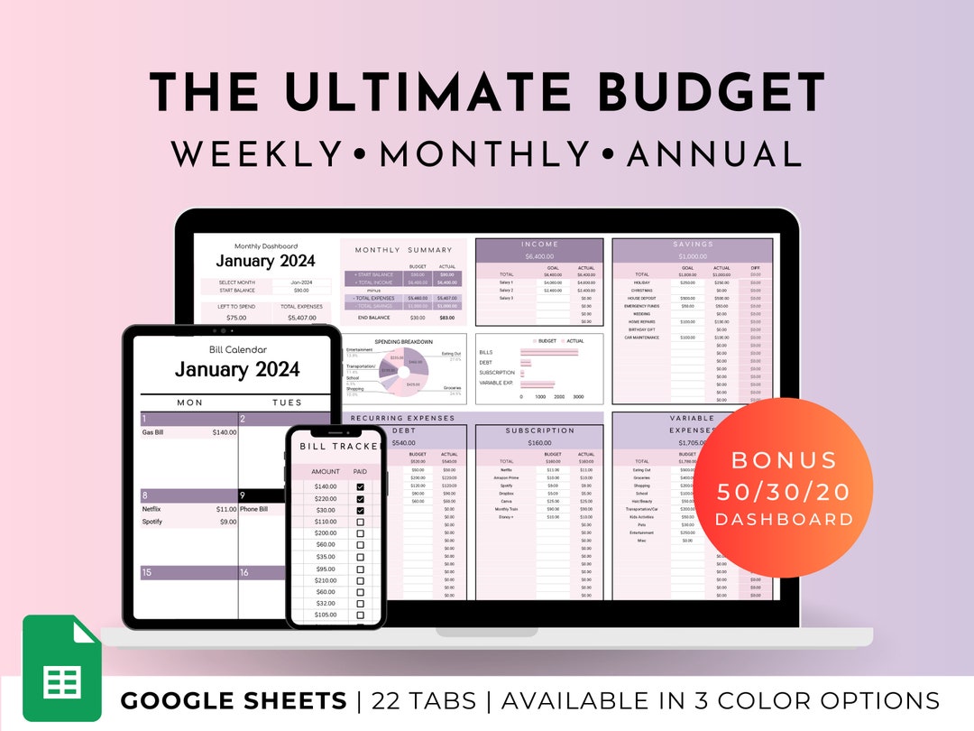 Annual Budget Google Sheets Spreadsheet Monthly Weekly Biweekly Tracker ...
