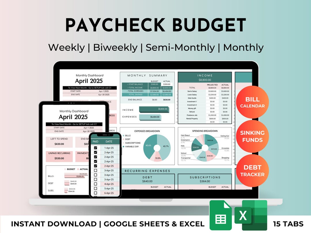 Paycheck and Monthly Budget Spreadsheet Planner | Excel & Google Sheets ...