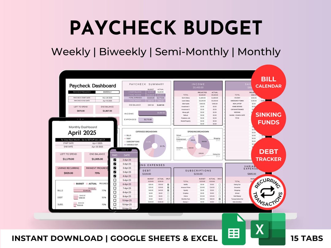 Paycheck Budget Spreadsheet, Budget by Paycheck Excel Google Sheets ...