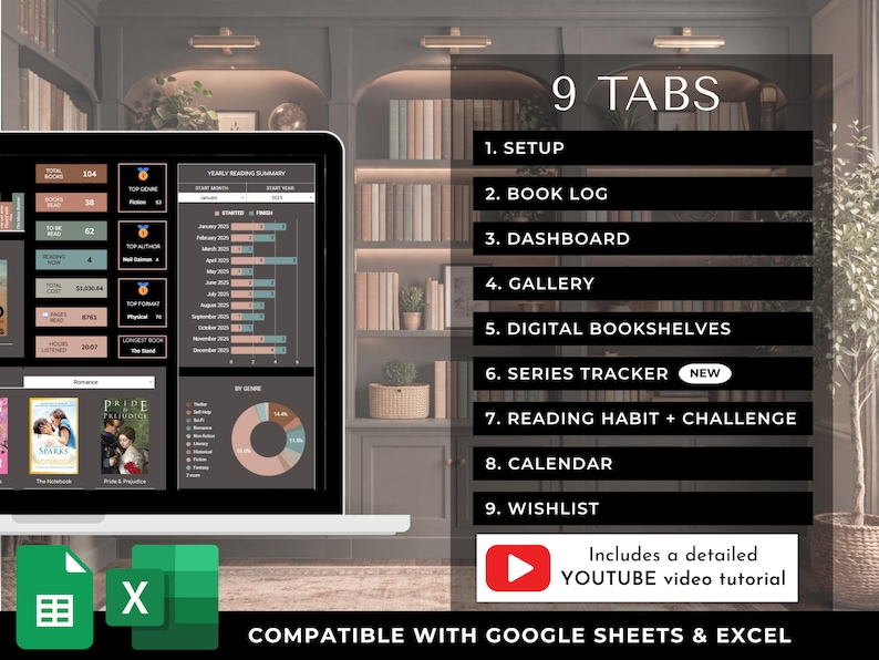 Book Tracker Digital Library Spreadsheet Reading Log List Book Review ...