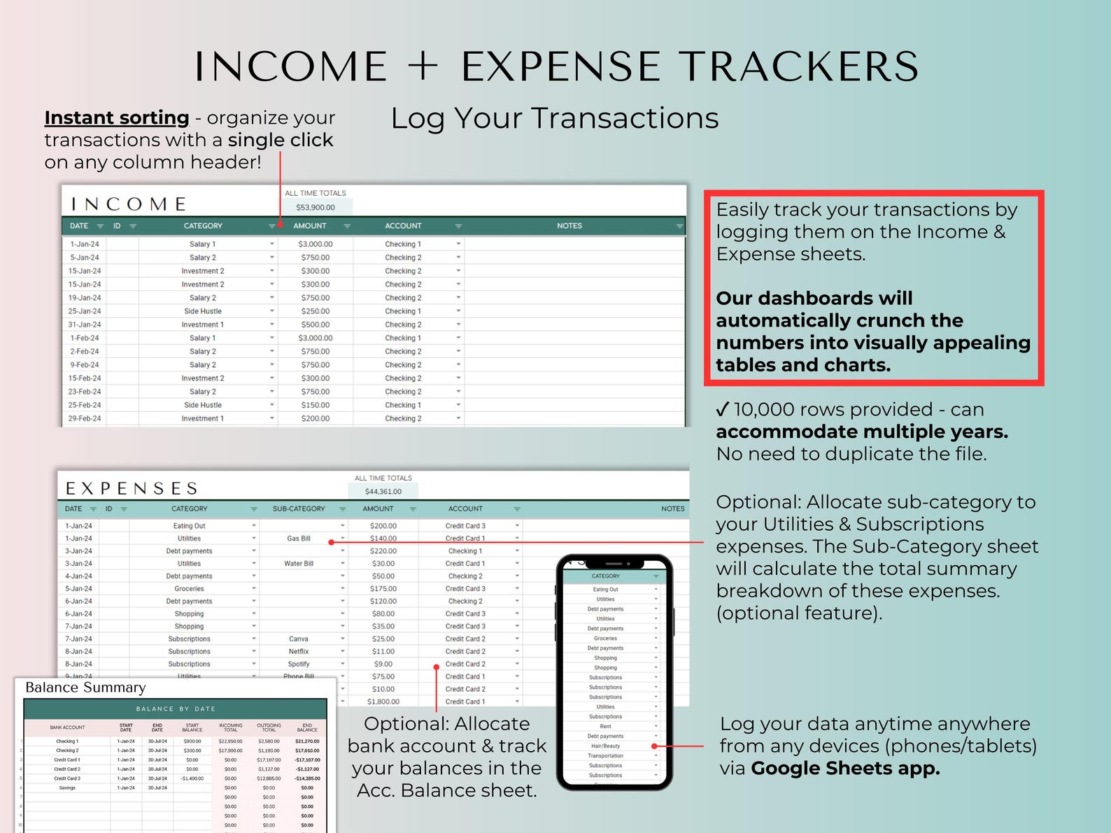 Google Sheets Income and Expense Tracker: Monthly Budget Spreadsheet ...
