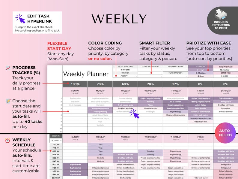 Daily Weekly Planner Spreadsheet, ADHD Task Tracker Kanban Eisenhower ...