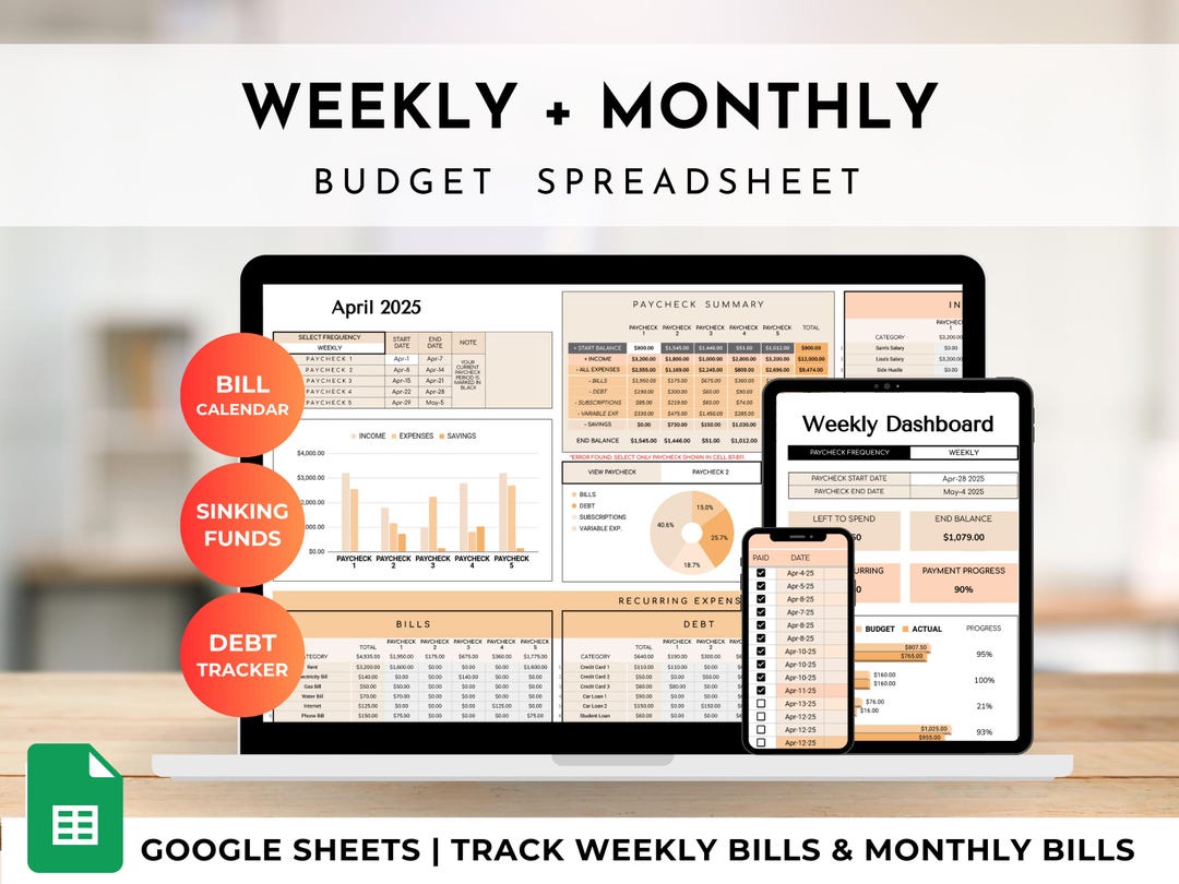 Weekly & Monthly Budget Spreadsheet for Google Sheets | Bill Calendar ...