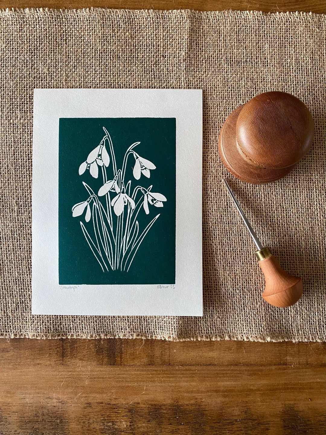 Snowdrop Print in Green, Snowdrops, Original Lino Print, Botanical Home ...