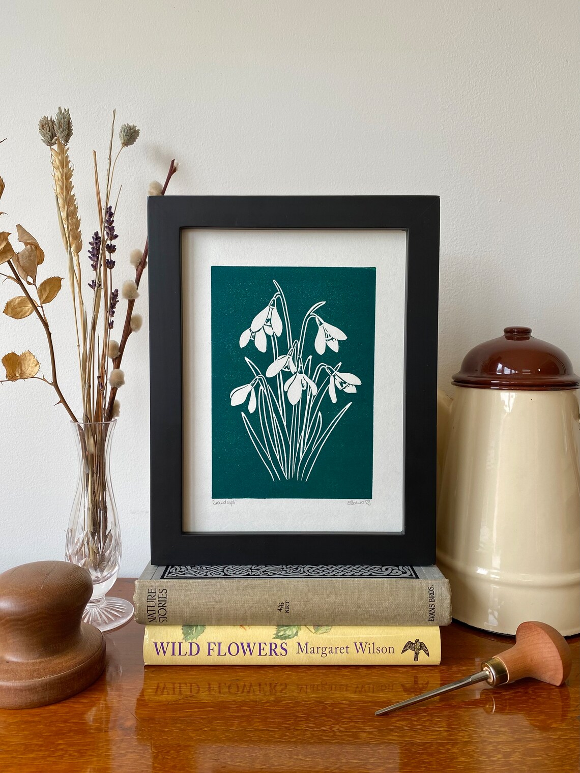 Snowdrop Print in Green, Snowdrops, Original Lino Print, Botanical Home ...