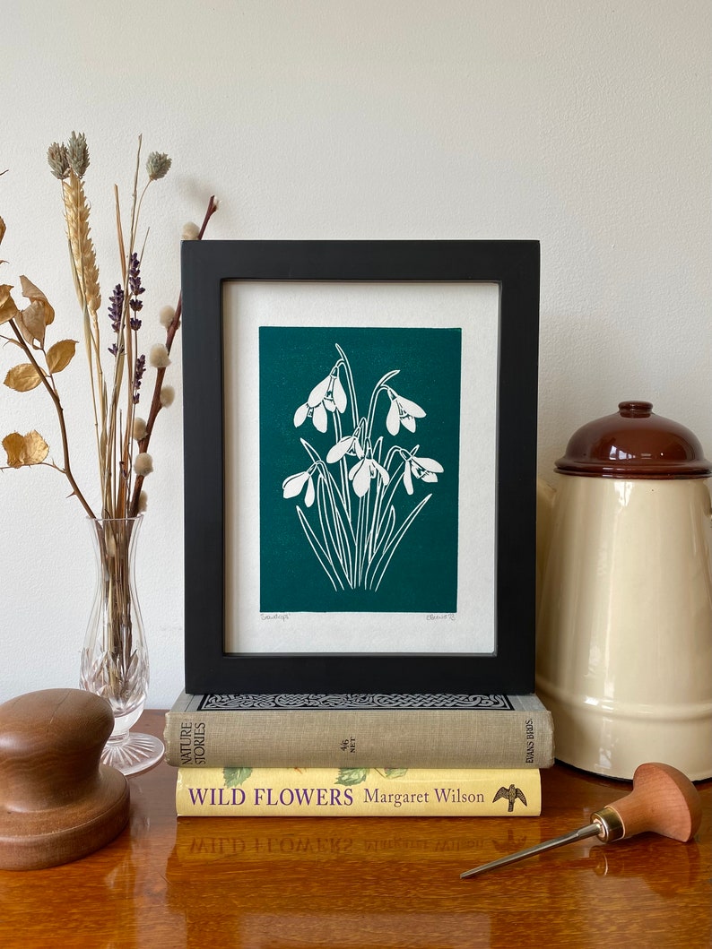 Snowdrop Print in Green, Snowdrops, Original Lino Print, Botanical Home ...