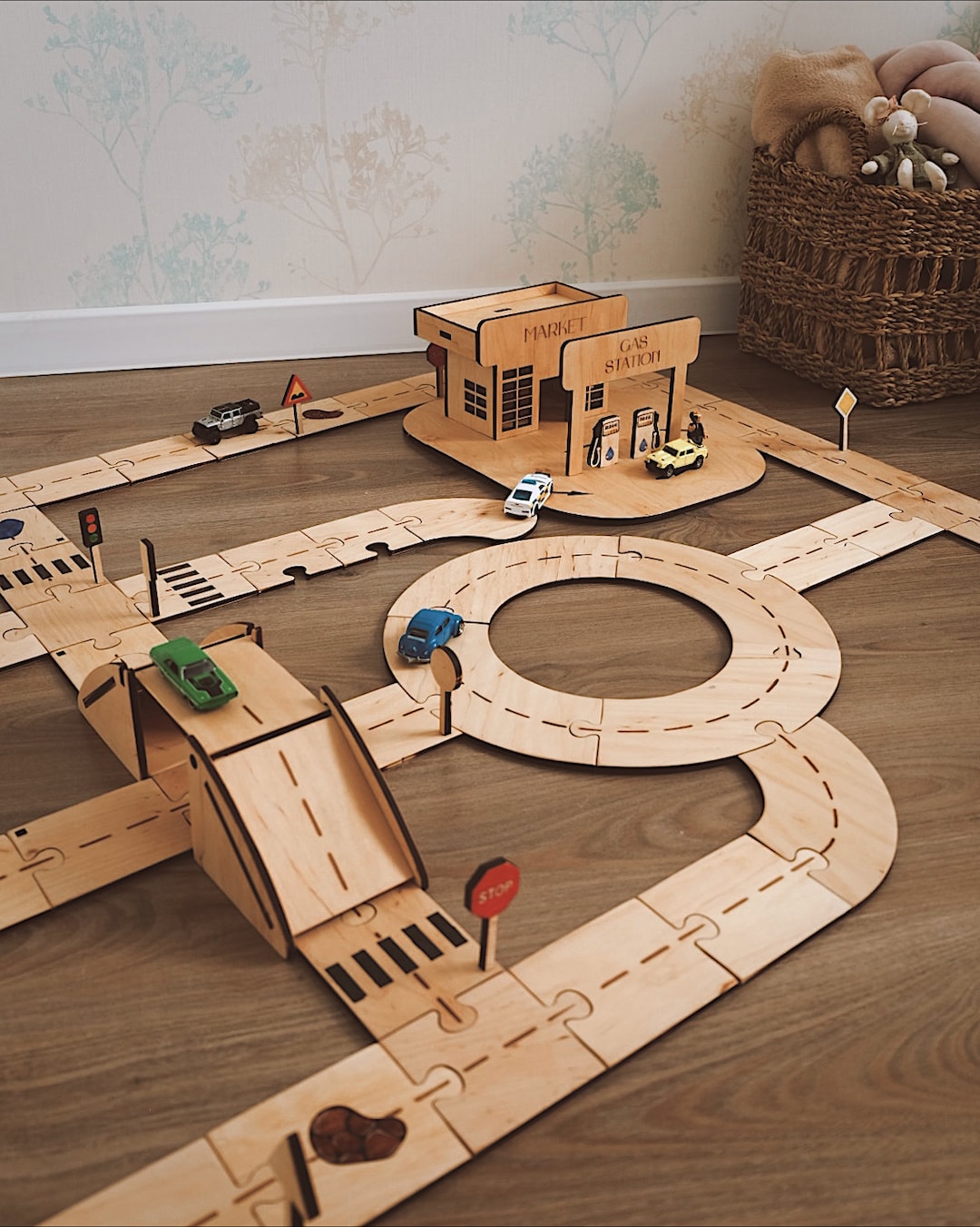 Wooden Auto Track Road Play Set, Personalized Wooden Toy Garage ...