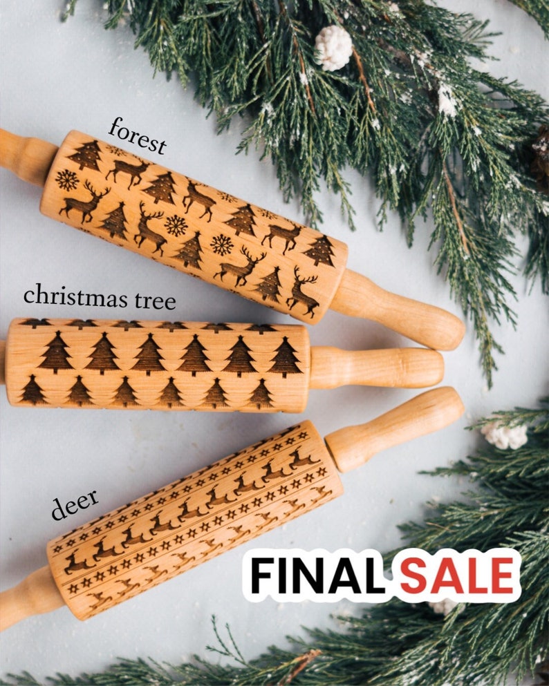 Tree Rolling Pins, Wooden Engraved Rolling Pins for Cookies, Holiday ...