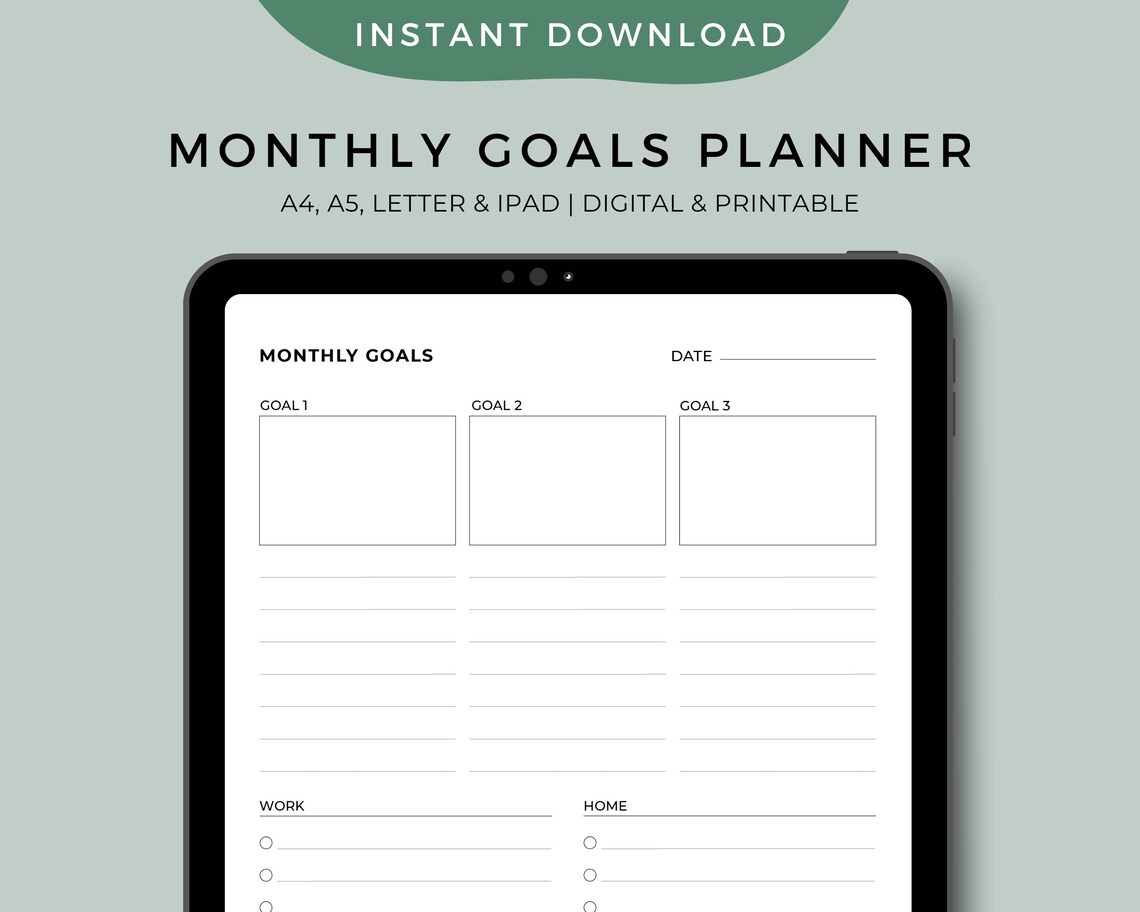 Monthly Goals Planner. Monthly Planner. Instant Download Planner. A5 ...