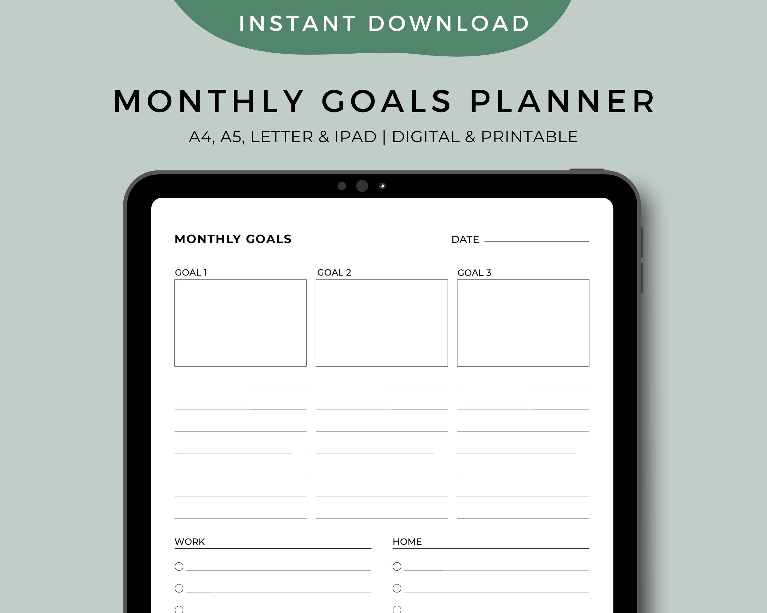 Monthly Goals Planner. Monthly Planner. Instant Download Planner. A5 ...