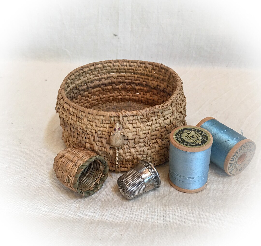 Antique Woven Sweetgrass Basket With Thimble Basket & Sterling Silver ...