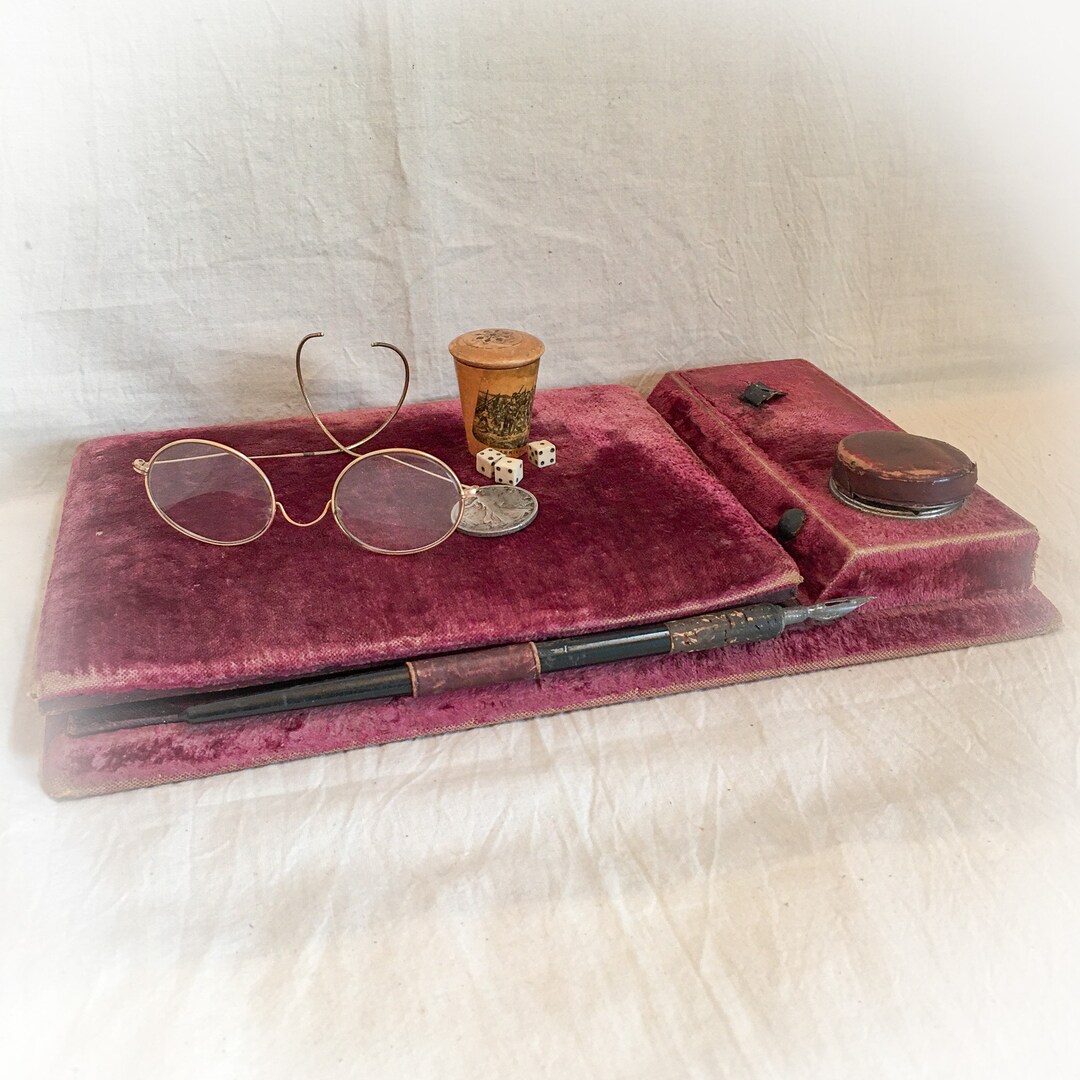 1888 Victorian Desk Set, Velvet and Leather, Includes Ink Well and Dip ...