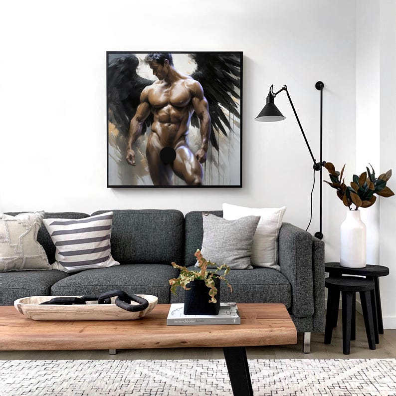 Muscle Angel Male Wings Nude Figure Gay Art AI Generated Realistic Gay Painting, Wall Poster, 1: ...