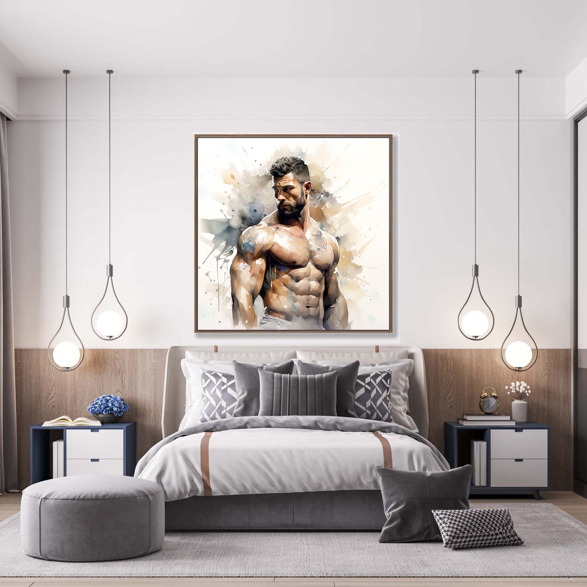 Muscle Male Nude Watercolor Portrait Gay Erotic Art Digital Download