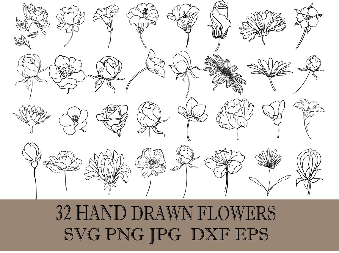 32 Hand Drawn Flowers With Branches SVG Bundle Digital Download ...