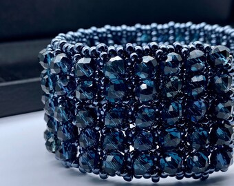 Dark Blue Leather Crystal Focal Bracelet Item R5774 - Etsy