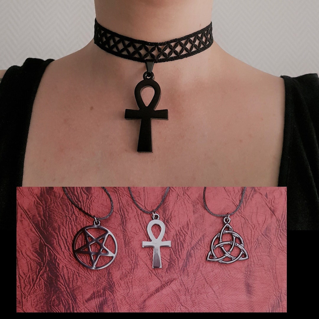 Black Triquetra, Inverted Pentacle or Ankh Cross Choker, Lace Necklace ...