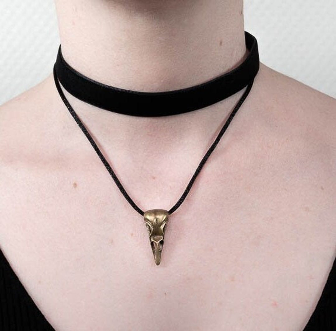 Raven Double Strand Raven Skull Choker Necklace, Bronze or Silver - Etsy