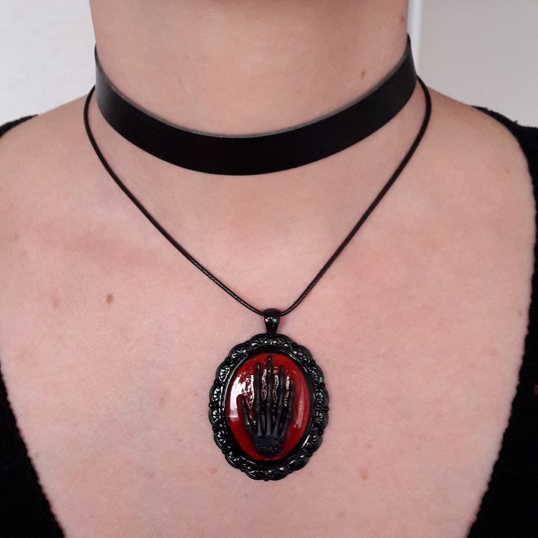 Skeleton Hand Choker, Black Vegan Leather Choker Necklace With Gothic ...