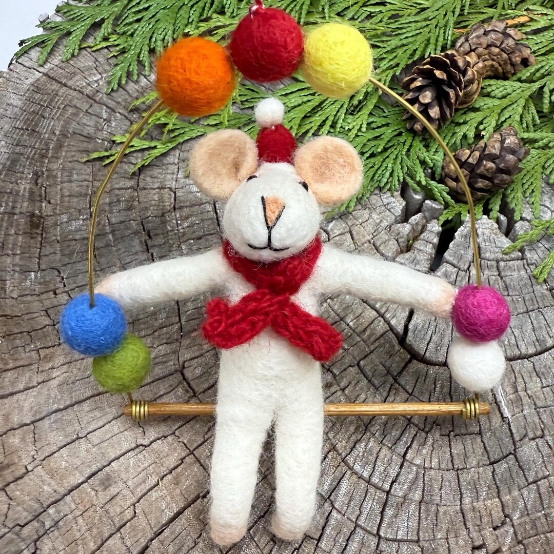 White Mouse on Trapeze – Felted Wool Circus Animal Handmade Christmas ...
