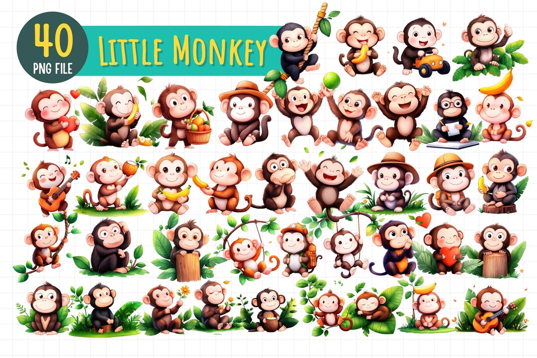 40 Little Monkey PNG Clipart | Cute Monkey Digital Download | Jungle ...