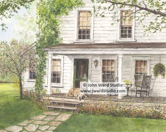 Front Porch Picking Art Print by John L. Ward, Country Primitive White ...