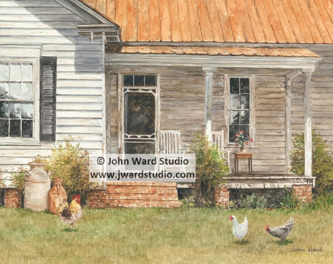Front Porch Picking Art Print by John L. Ward, Country Primitive White ...