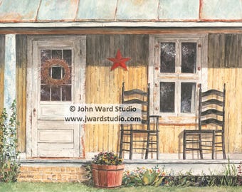 Front Porch Picking Art Print by John L. Ward, Country Primitive White ...