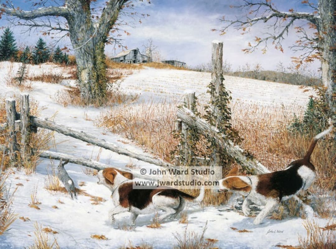 On the Jump Beagle Art Print by John Ward, Beagle Rabbit Hunting Print ...